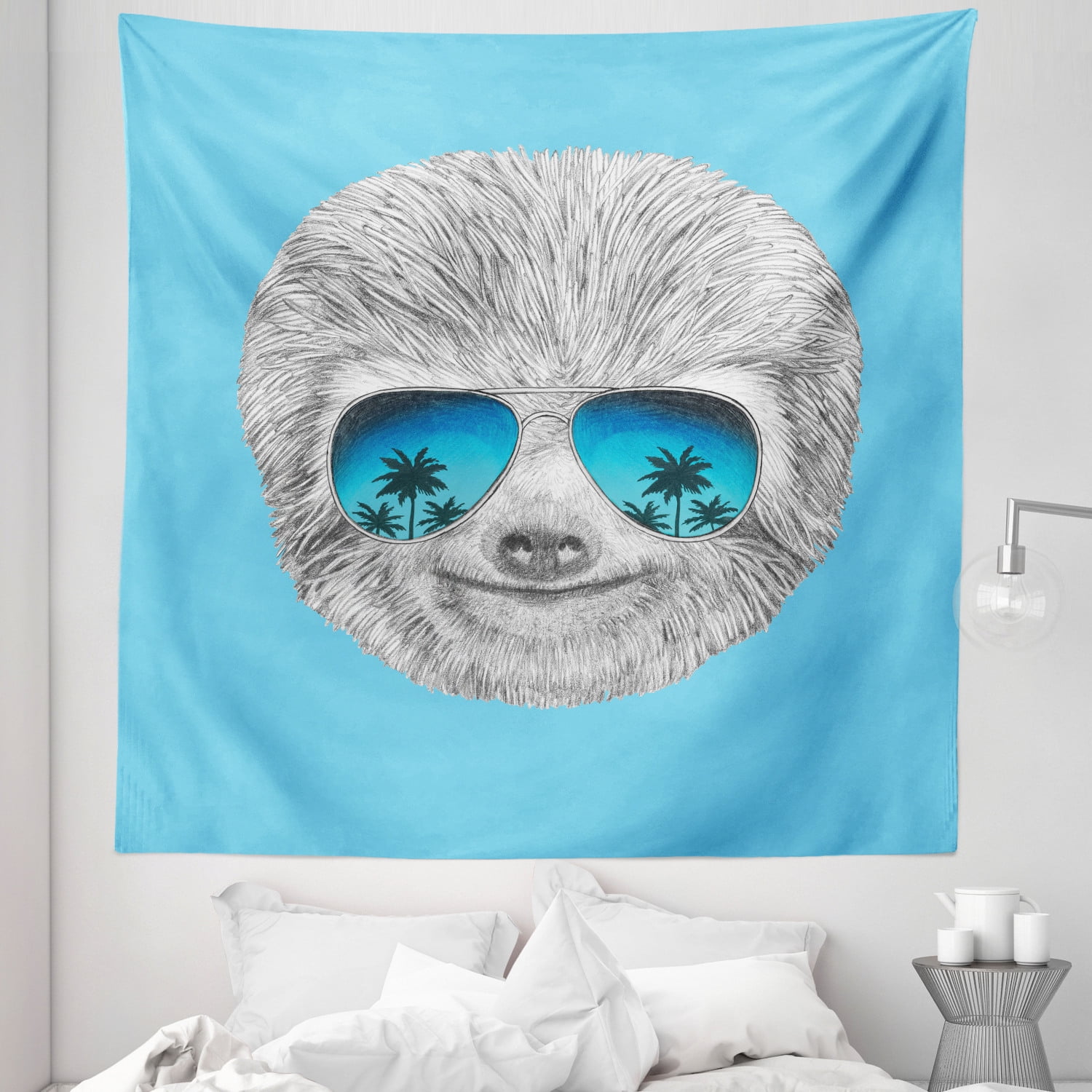 Sloth Tapestry, Portrait of Sloth with Mirror Sunglasses Exotic Palm ...