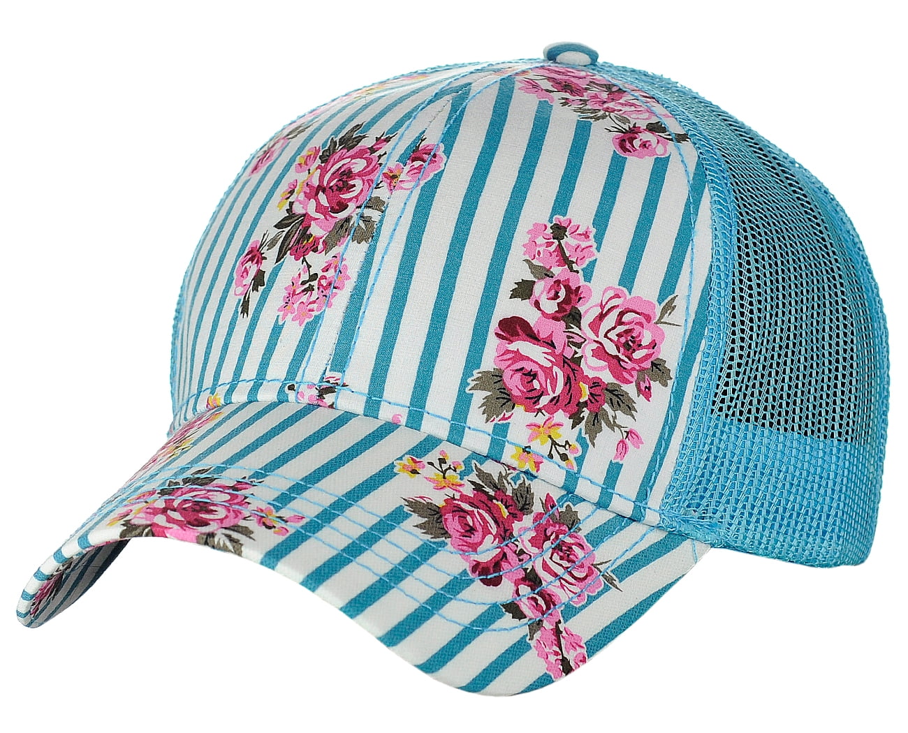 C.C Floral and Pinstripe Print Front Panel Adjustable Mesh Trucker ...