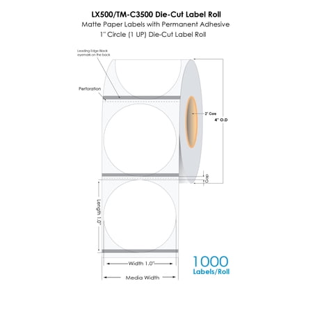 DuraFast LX500/TM-C3500 1" Circle Die Cut Matte Paper Label 1000/Roll ...