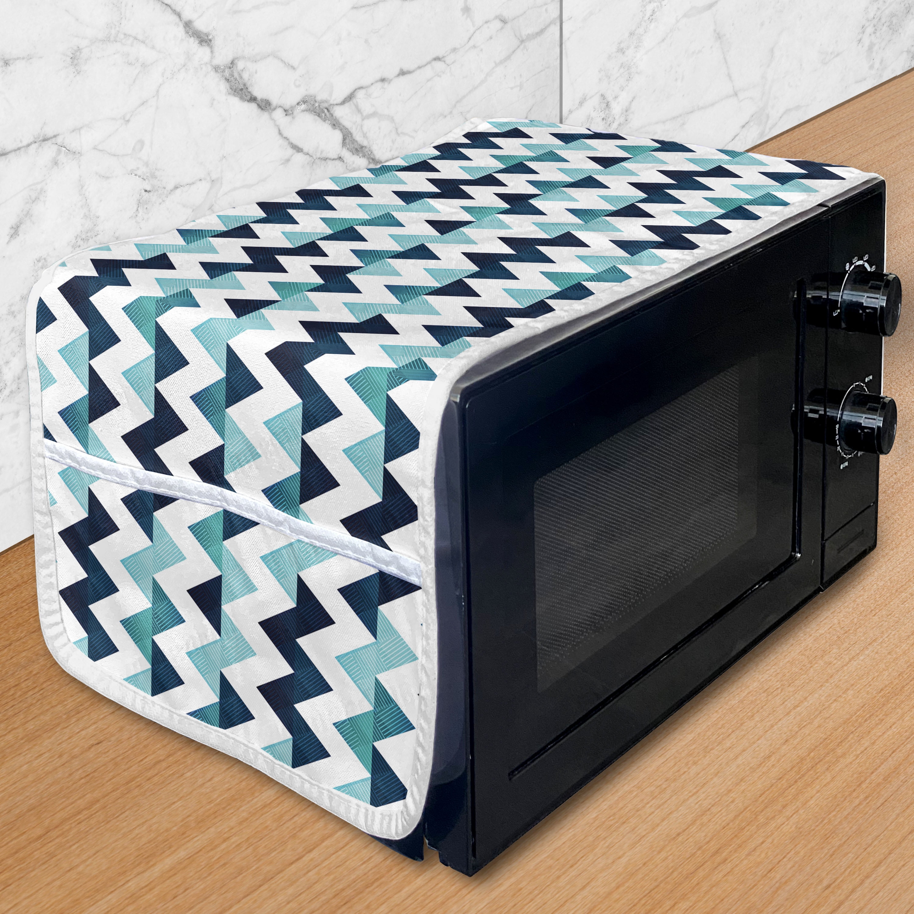 Blue and White Microwave Oven Cover, Horizontal Zigzag Borders with ...