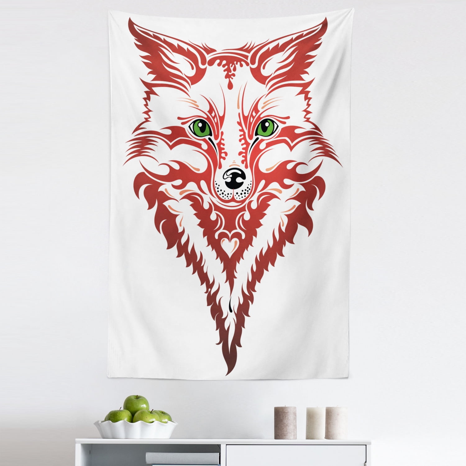 Fox Tapestry, Patterned Portrait of Fox Sharp Green Eyes Wavy Curvy ...