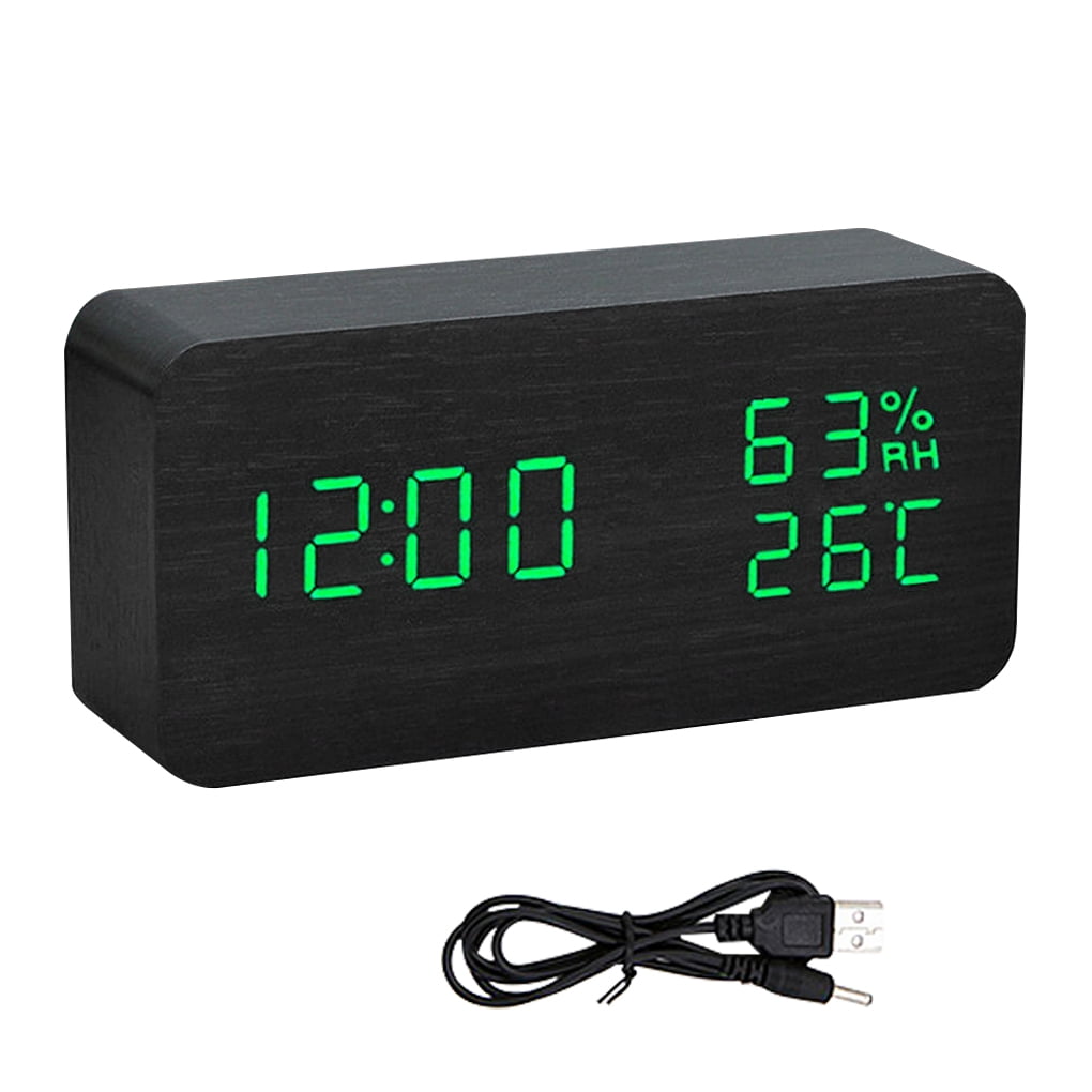 TureClos Alarm Clock LED Wood Table Humidometer Thermometer Voice ...