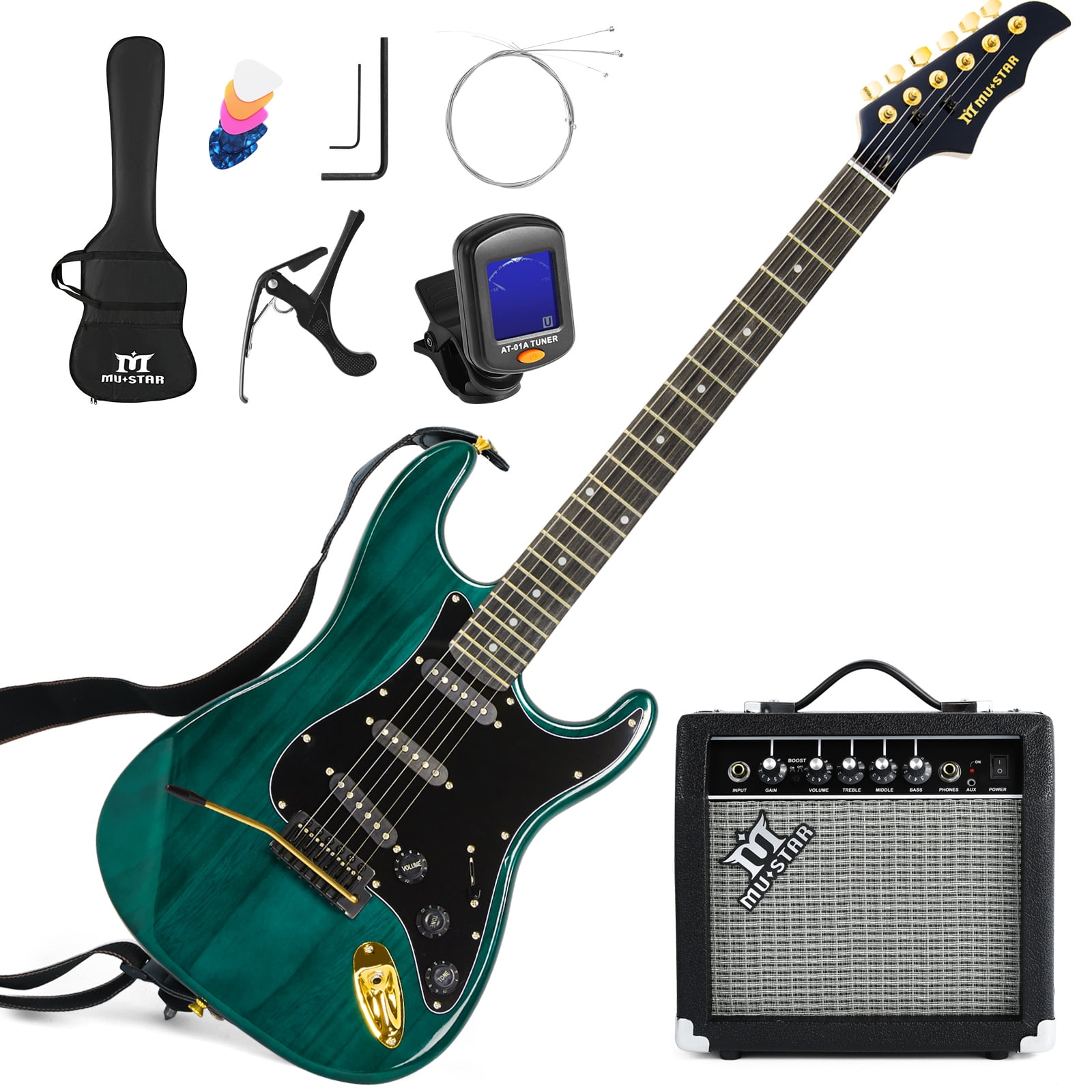 Mustar 39" Full Size Electric Guitar Beginner Kit with Amplifier, Bag, Digital Tuner, Capo ...