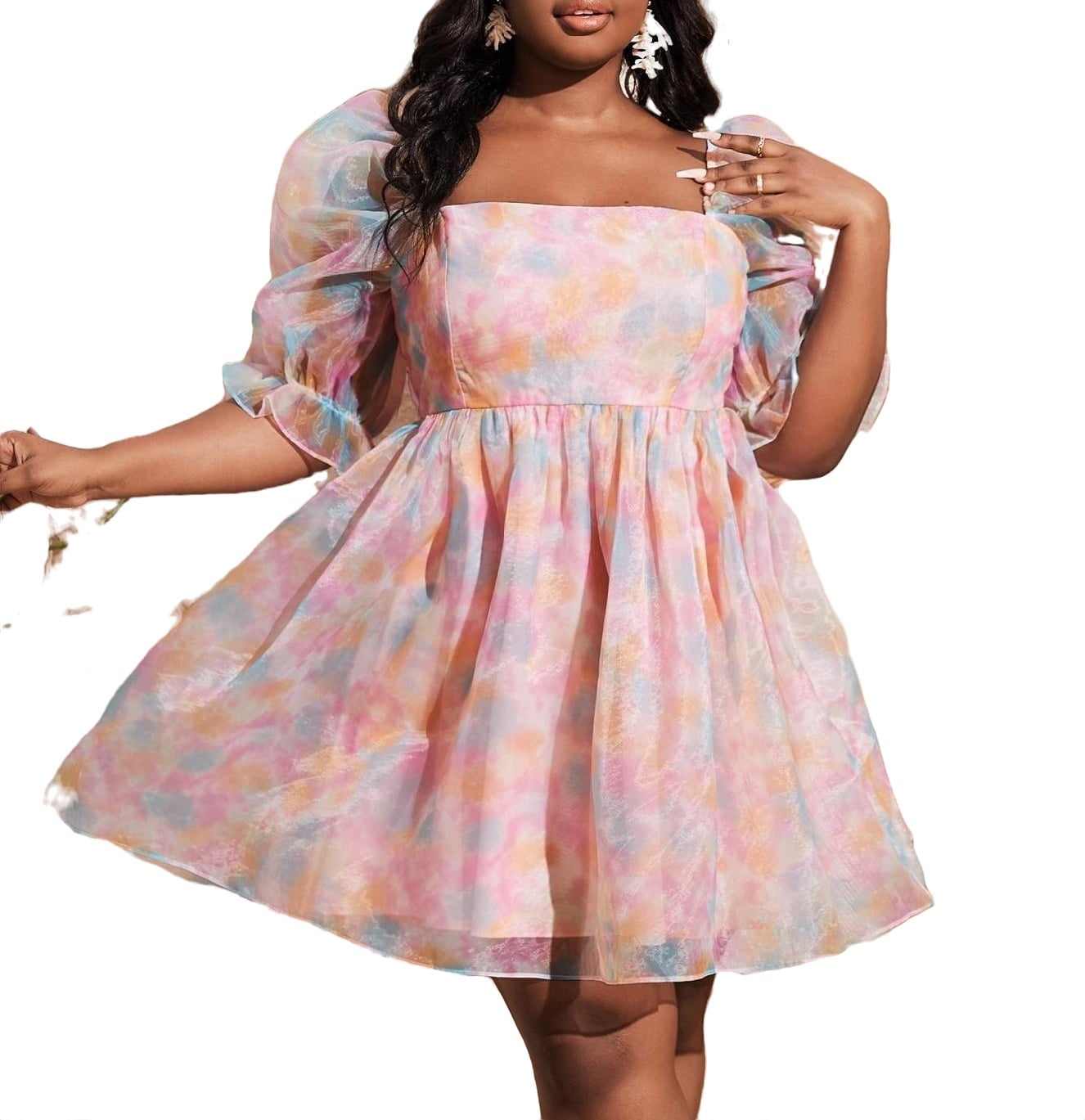 Boho Tie Dye Square Neck Smock Elbow-Length Multicolor Plus Size ...