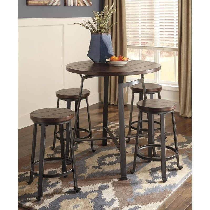 Ashley Challiman 5 Piece Counter Round Dining Set in Rustic Brown ... Ashley Challiman 5 Piece Counter Round Dining Set in Rustic Brown ...