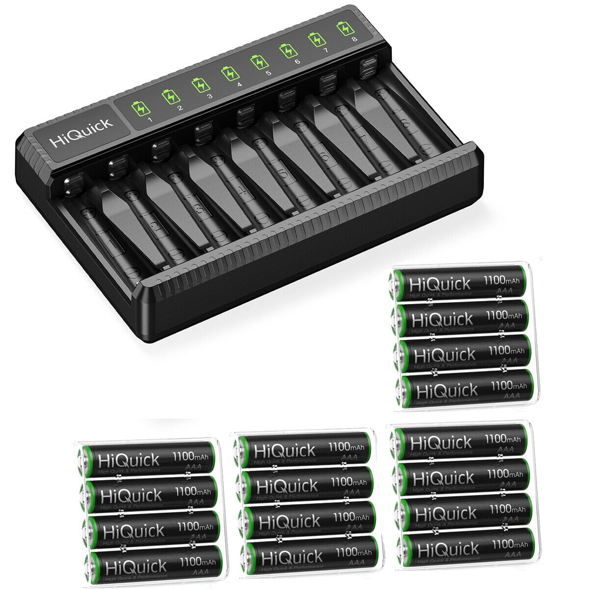 HiQuick (16 Pack) Rechargeable AAA Batteries 1.2V Ni-MH 1100Mah with 8 ...