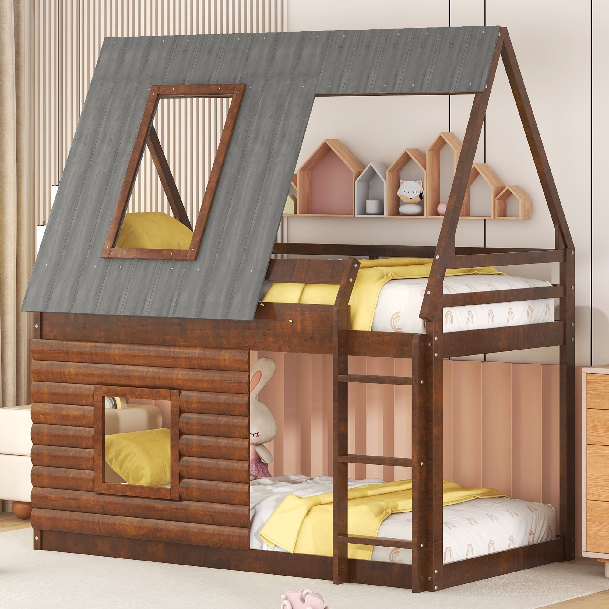 Nestfair Brown Twin Size Wood House Bed with Roof, Ladder and Windows ...