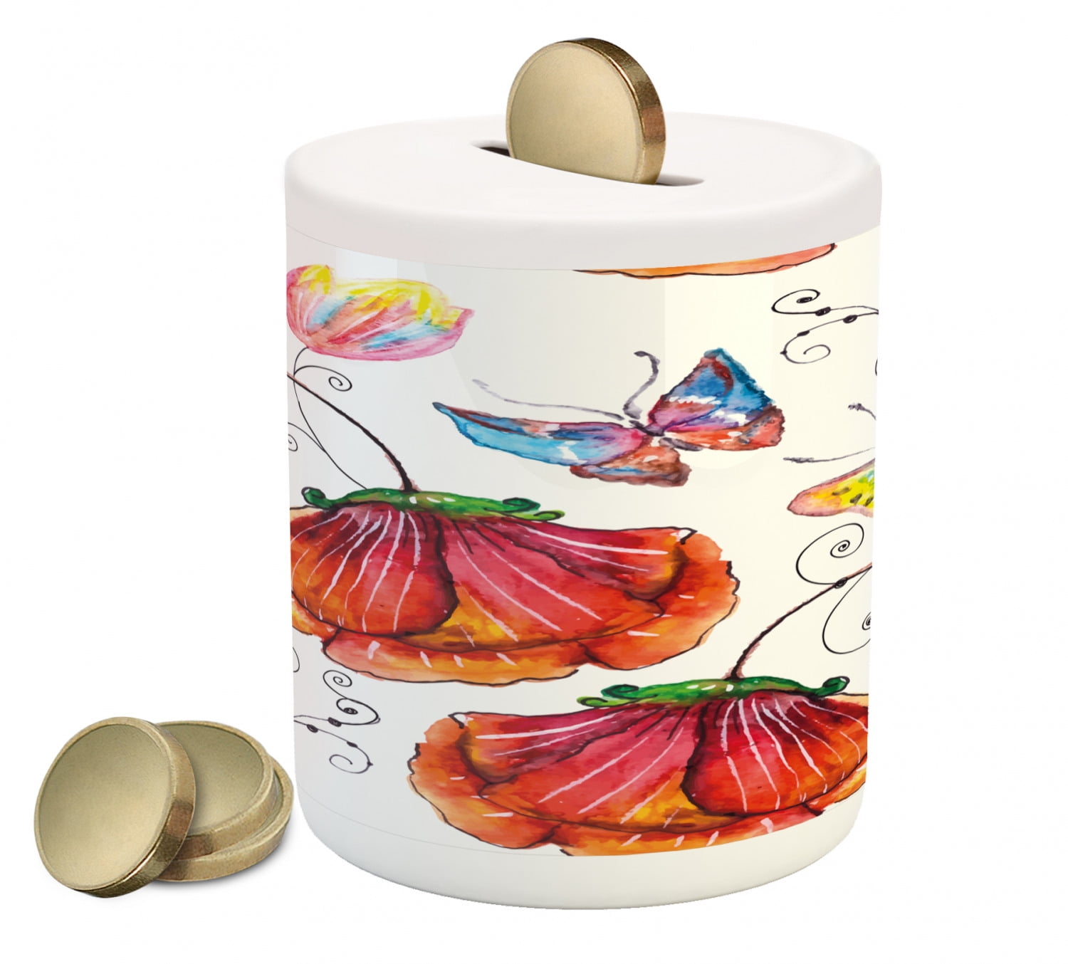 Nature Piggy Bank, Flowers with Swirled Branches Butterflies in ...