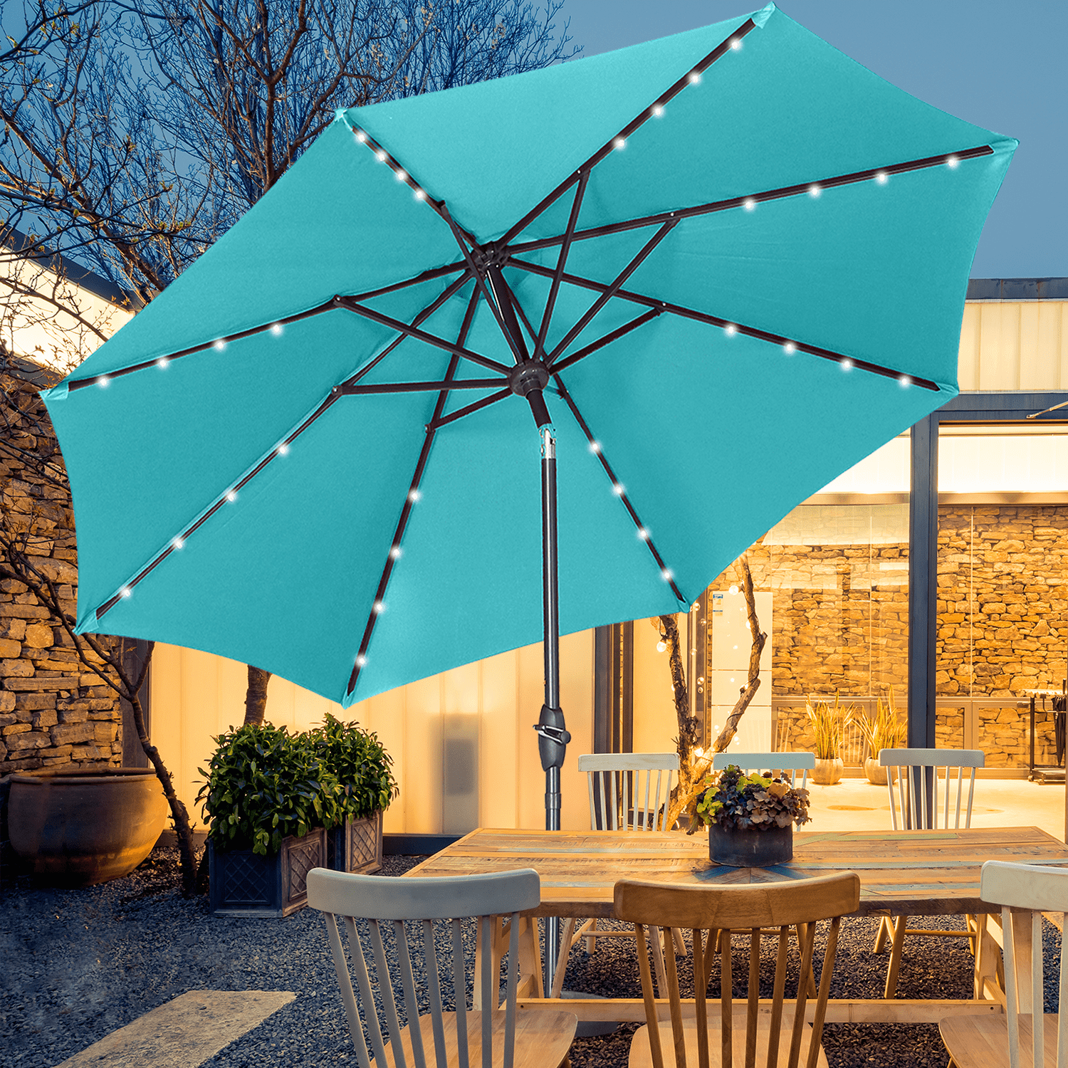 Autlaycil 9ft Patio Umbrella with Solar Lights with Base, 8 Ribs ...