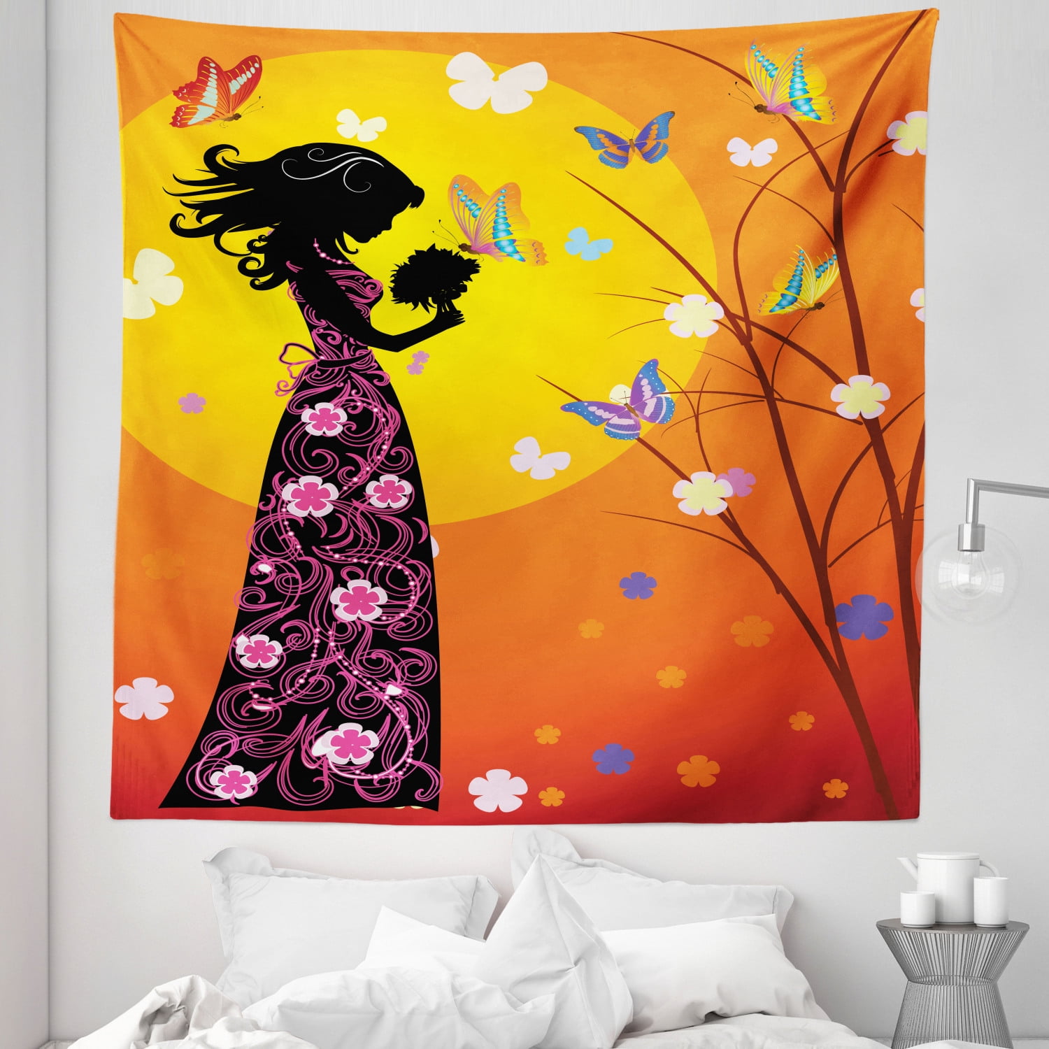 Feminine Tapestry, Flowers Butterflies and Silhouette of Girl in Floral ...