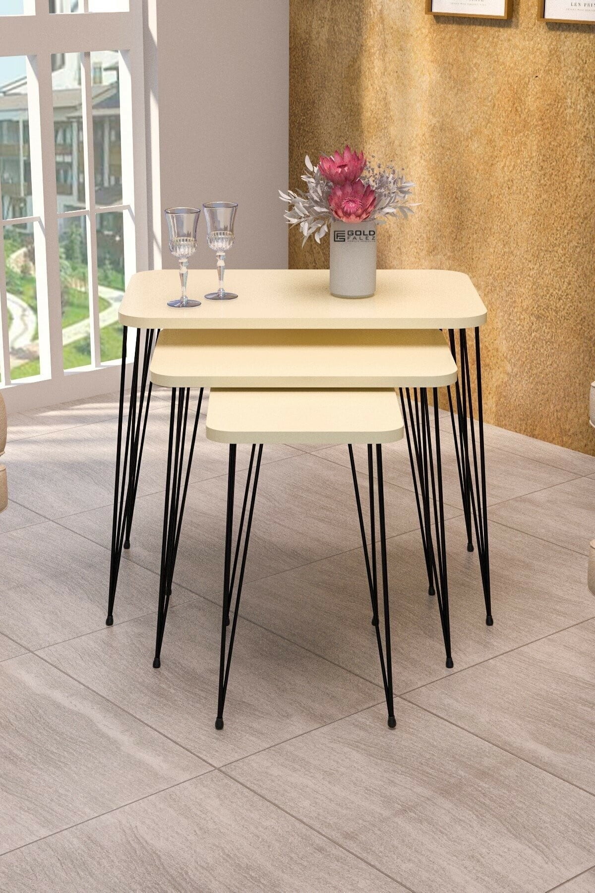 Cream White Nesting Coffee Table with Black 3-Rod Metal Legs ...