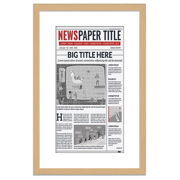 12.5x22 Newspaper Frame With Mat Solid Wood - Matte Natural Finish ...