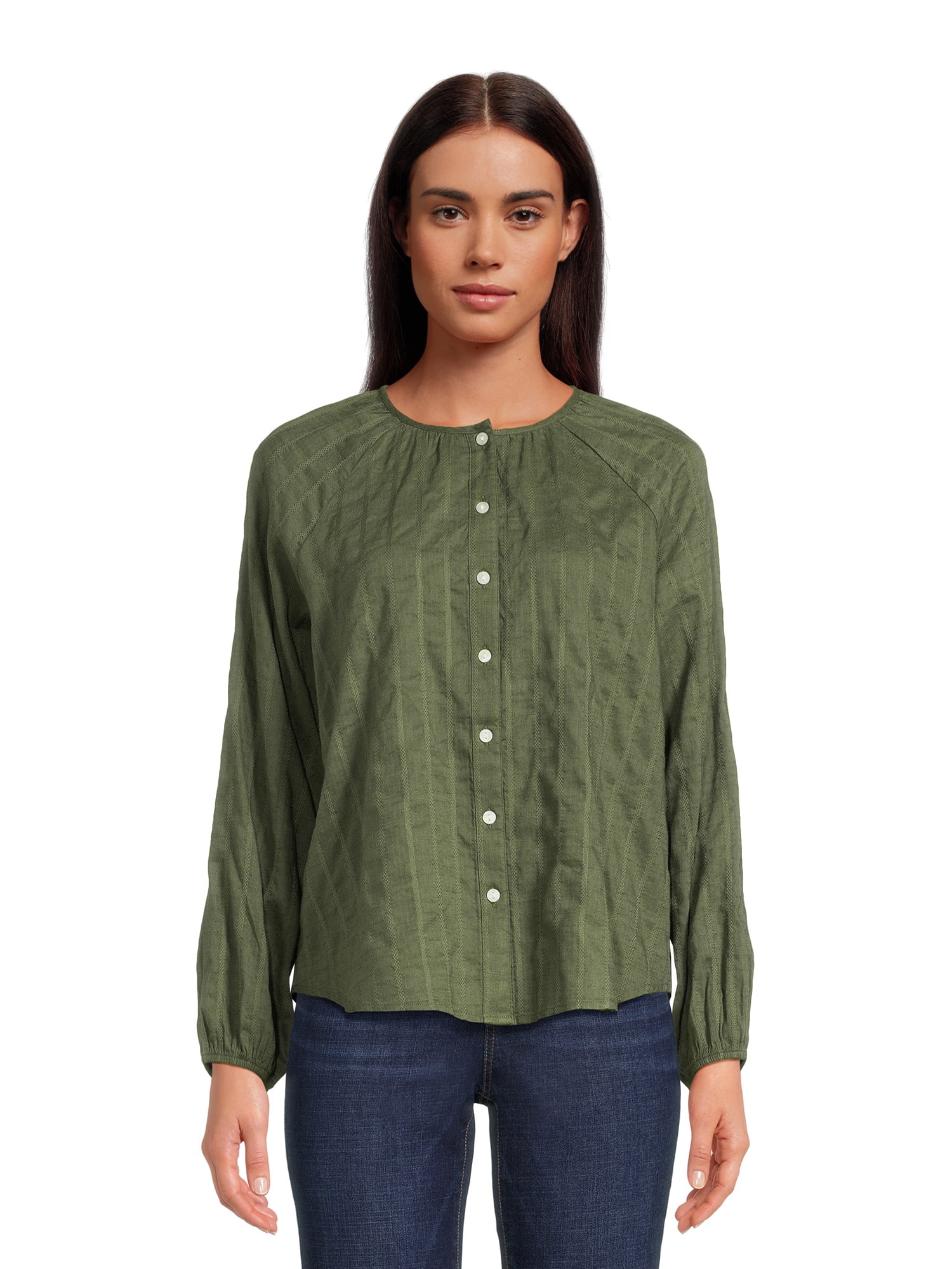 Time and Tru Women's Button Front Blouse with Long Sleeves, Sizes XS ...