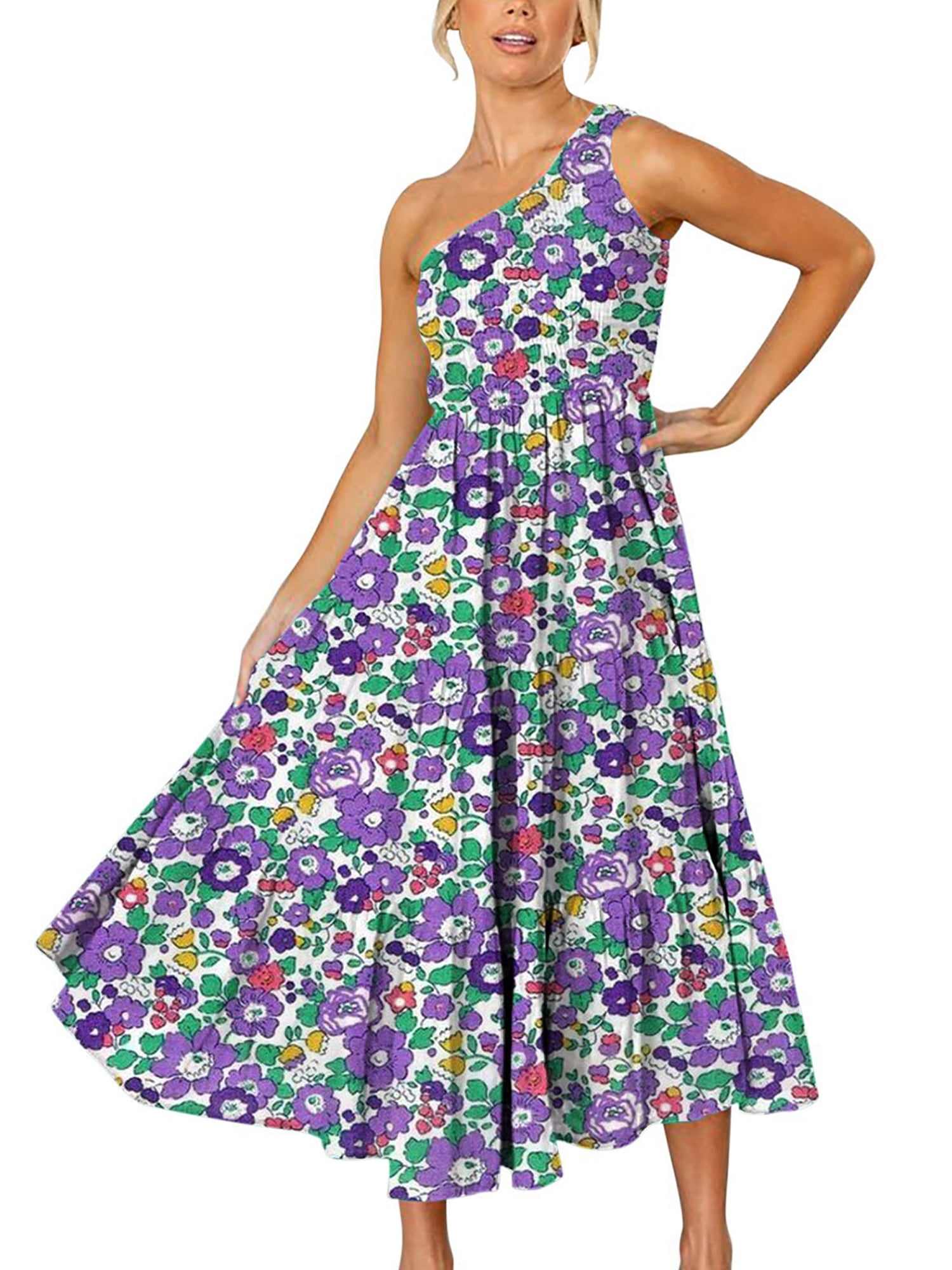 Frontwalk Women Sexy Floral Print Summer Beach Sundress Slash Neck