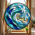 Abstract Ocean Wave Stained Glass Window Hanging, Round Sea Wave ...