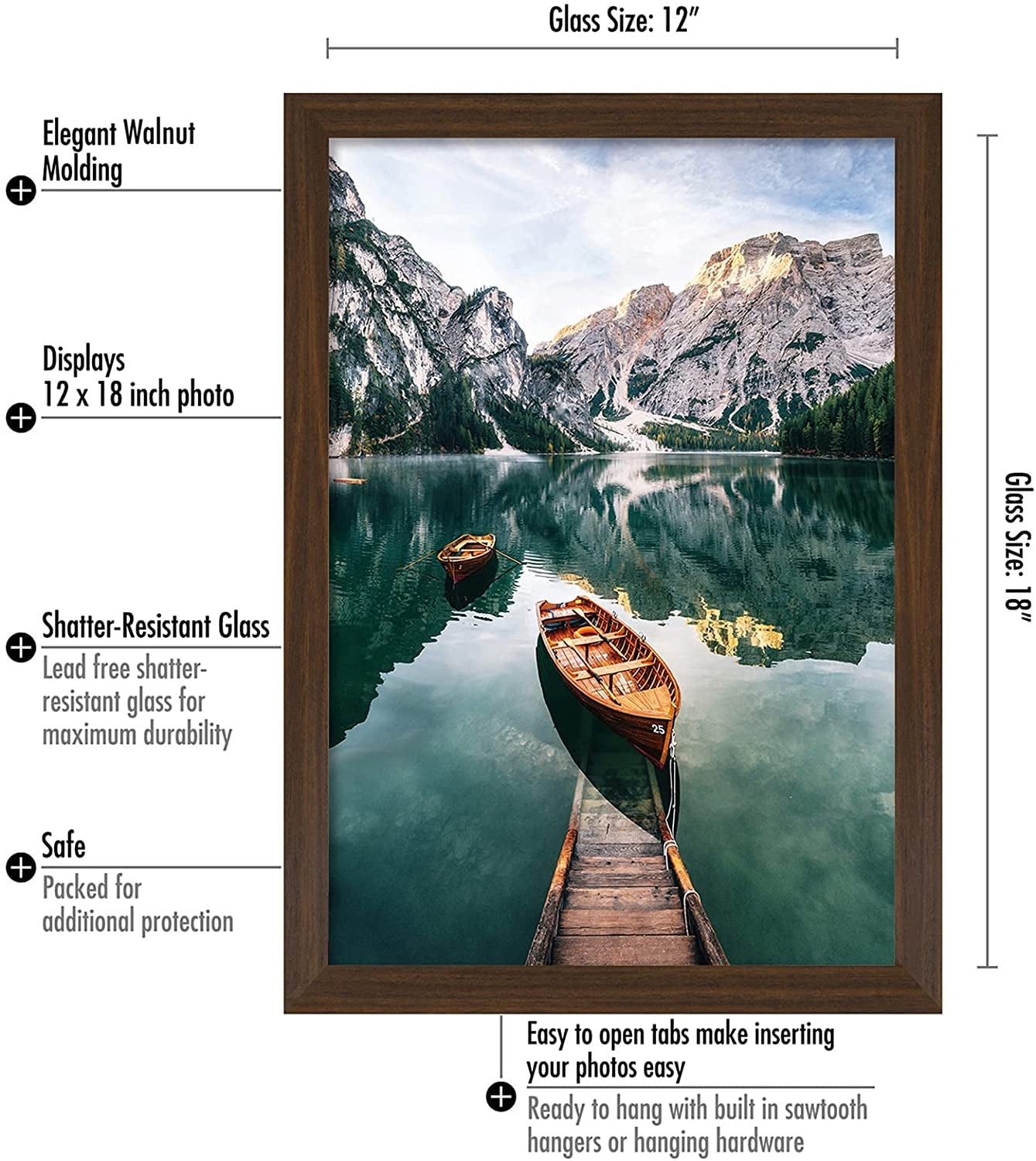 Americanflat 12x18 Picture Frame, MDF wood and shatter-resistant glass ...