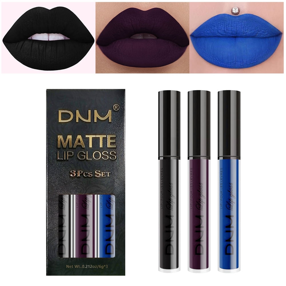 3Pcs Dark Blue Black Purple Matte Liquid Lipsticks Matte Lip Gloss ...
