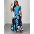 Blue Plus Size Women Botanical Print Round Neck Short Sleeve Maxi Dress ...