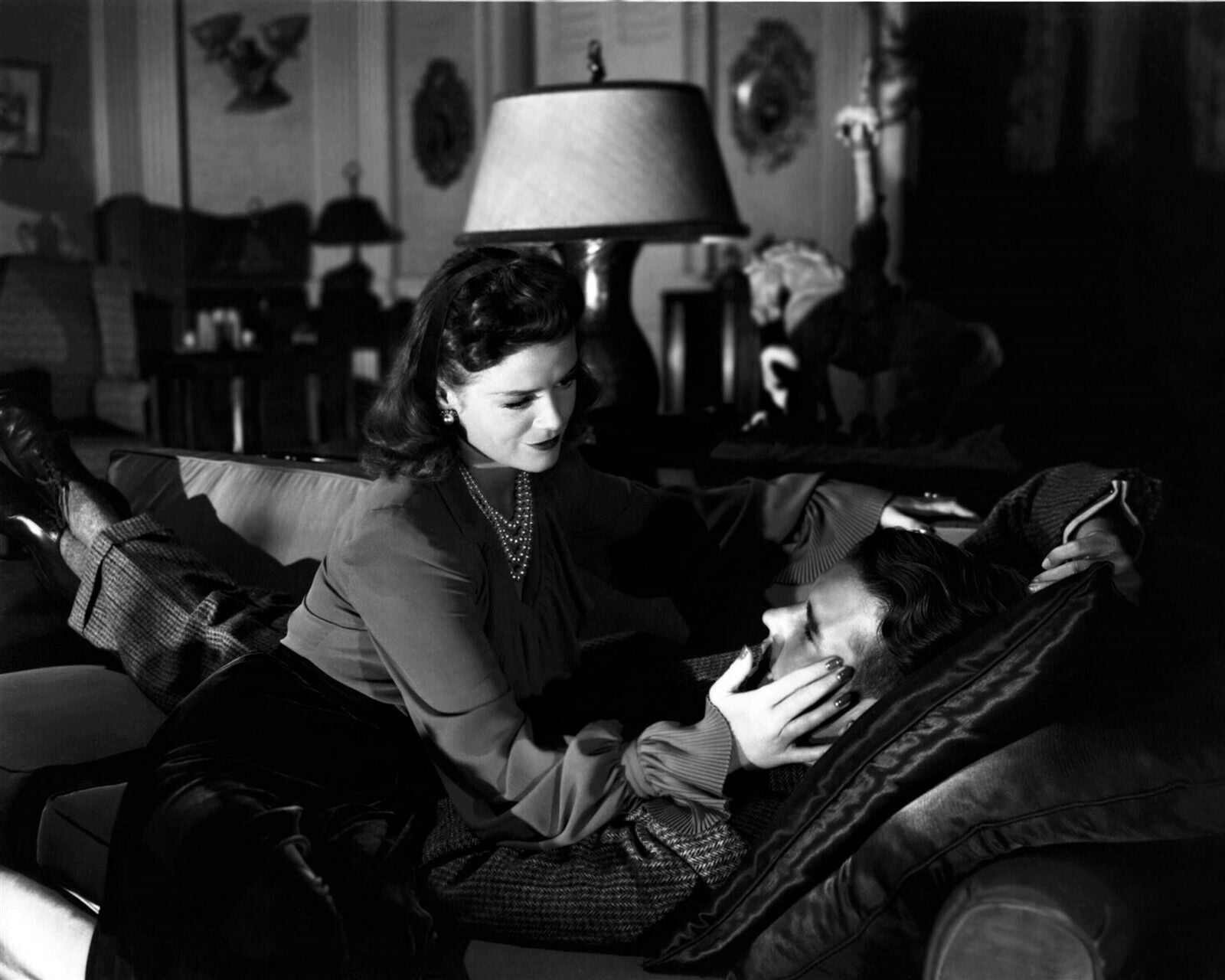 Cat People 1942 Simone Simon strokes face of Kent Smith in chair 8x10 ...