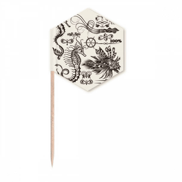 Black Hippocampus Marine Life Illustration Toothpick Flags Cupcake ...