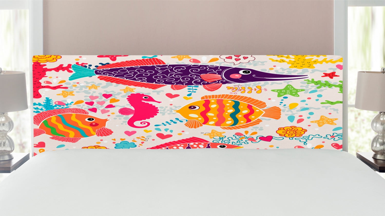 Sea Animals Headboard, Art Fish Seahorse Starfish Dolphin Coral ...