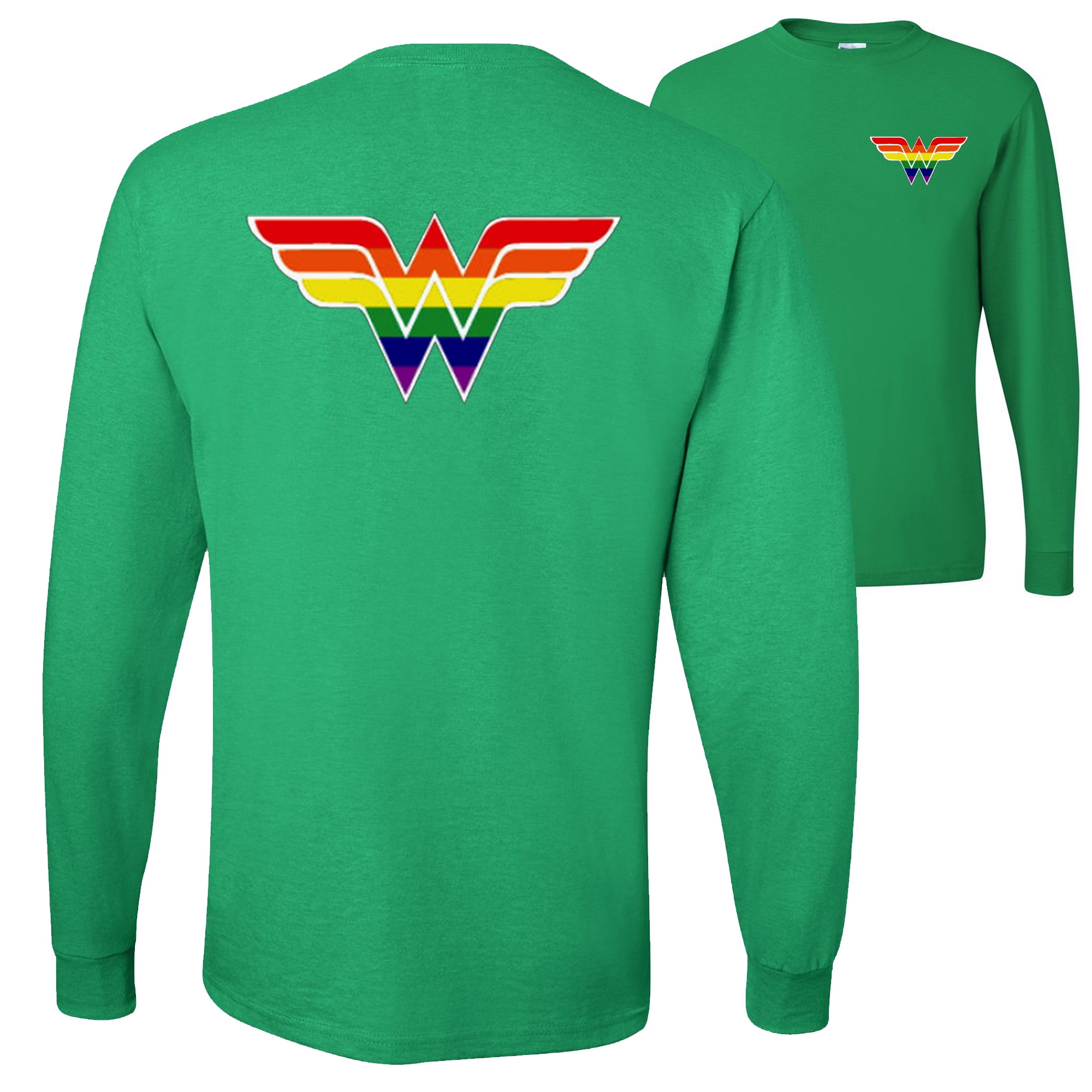 Wonder Rainbow LGBT Pride FRONT AND BACKMens Long Sleeves, Kelly Green ...