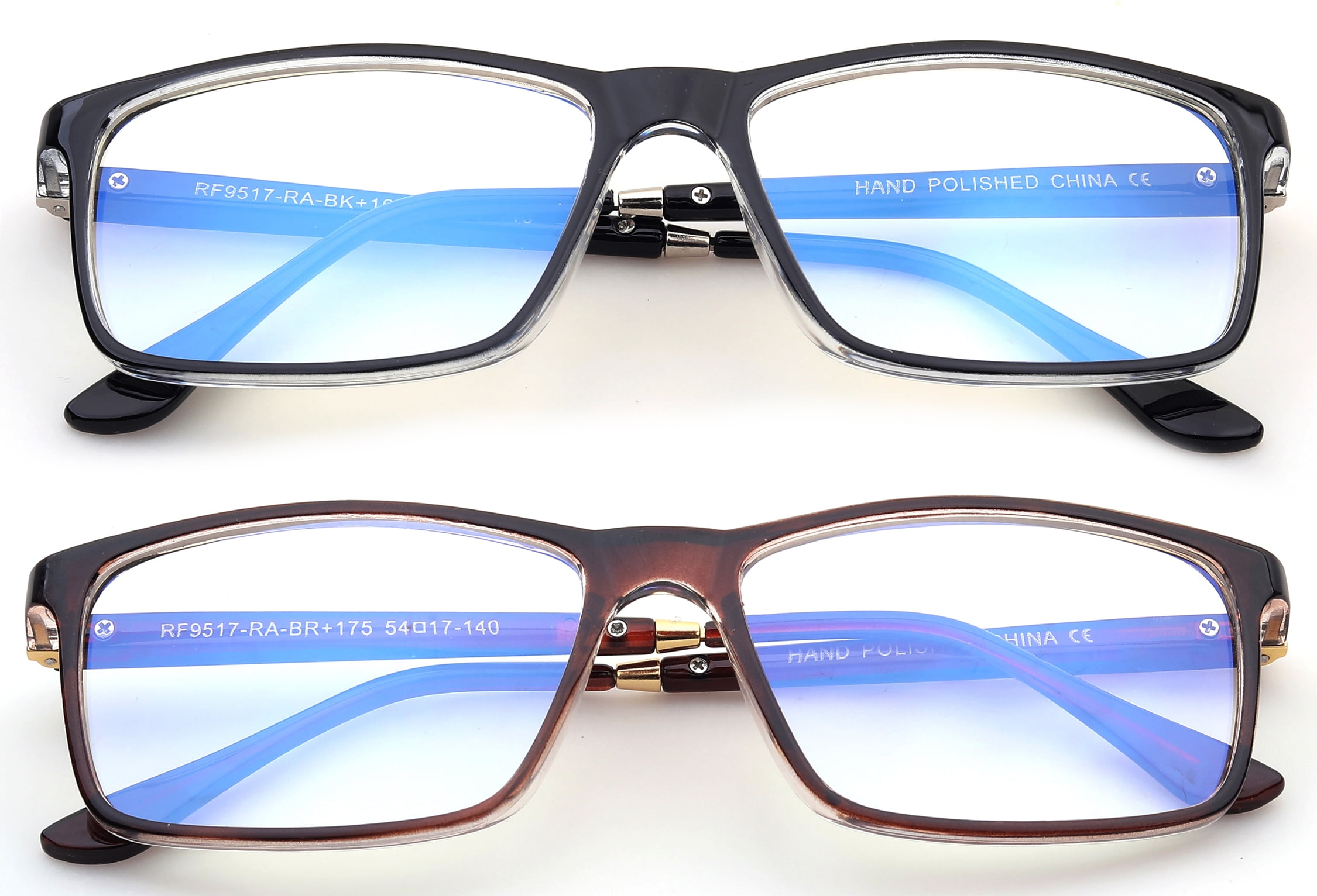 2 Pairs Blue Ray Blocking Lens Light Weight Rectangular Mediumlarge Size Frame Spring Temple