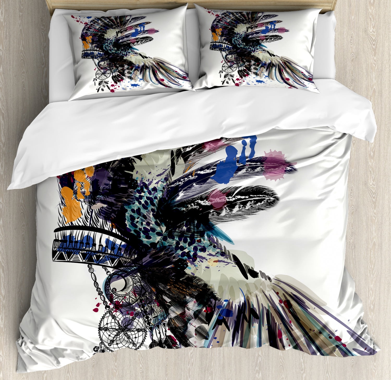 Feather King Size Duvet Cover Set, Ethnic Boho Fashion Theme Headdress ...