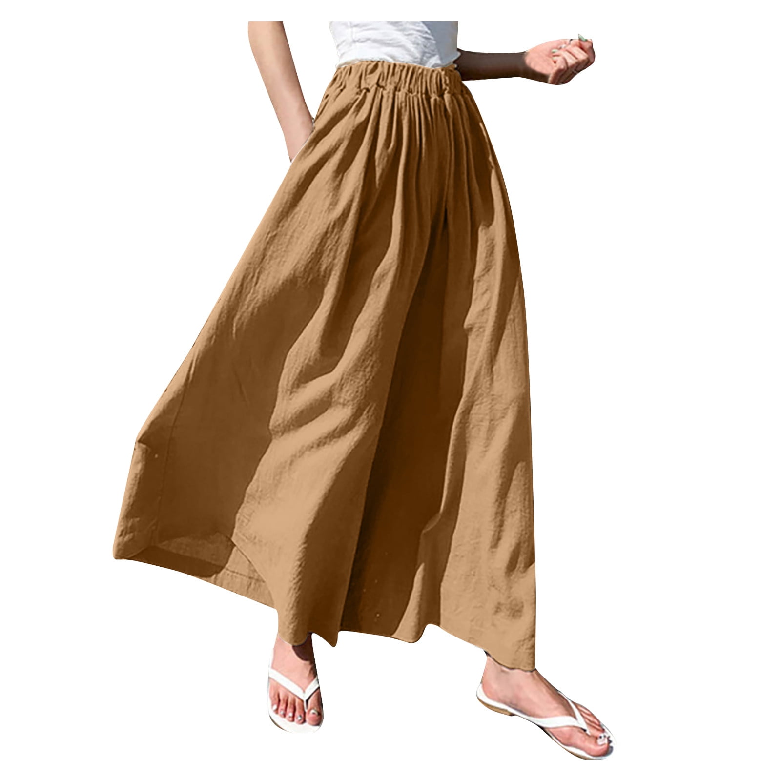 Women S Culottes Linen Blend Wide Leg Pants Elastic Waist Casual
