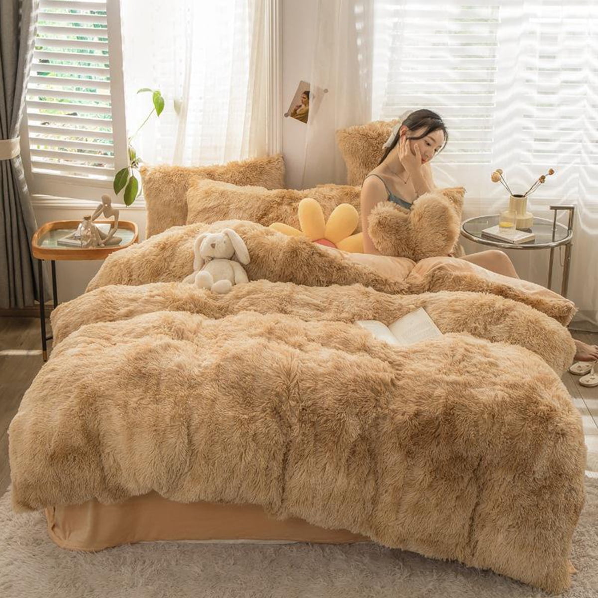Wajade Plush Shaggy Comforter Set Fluffy Fuzzy Faux Fur Bedding Set ...