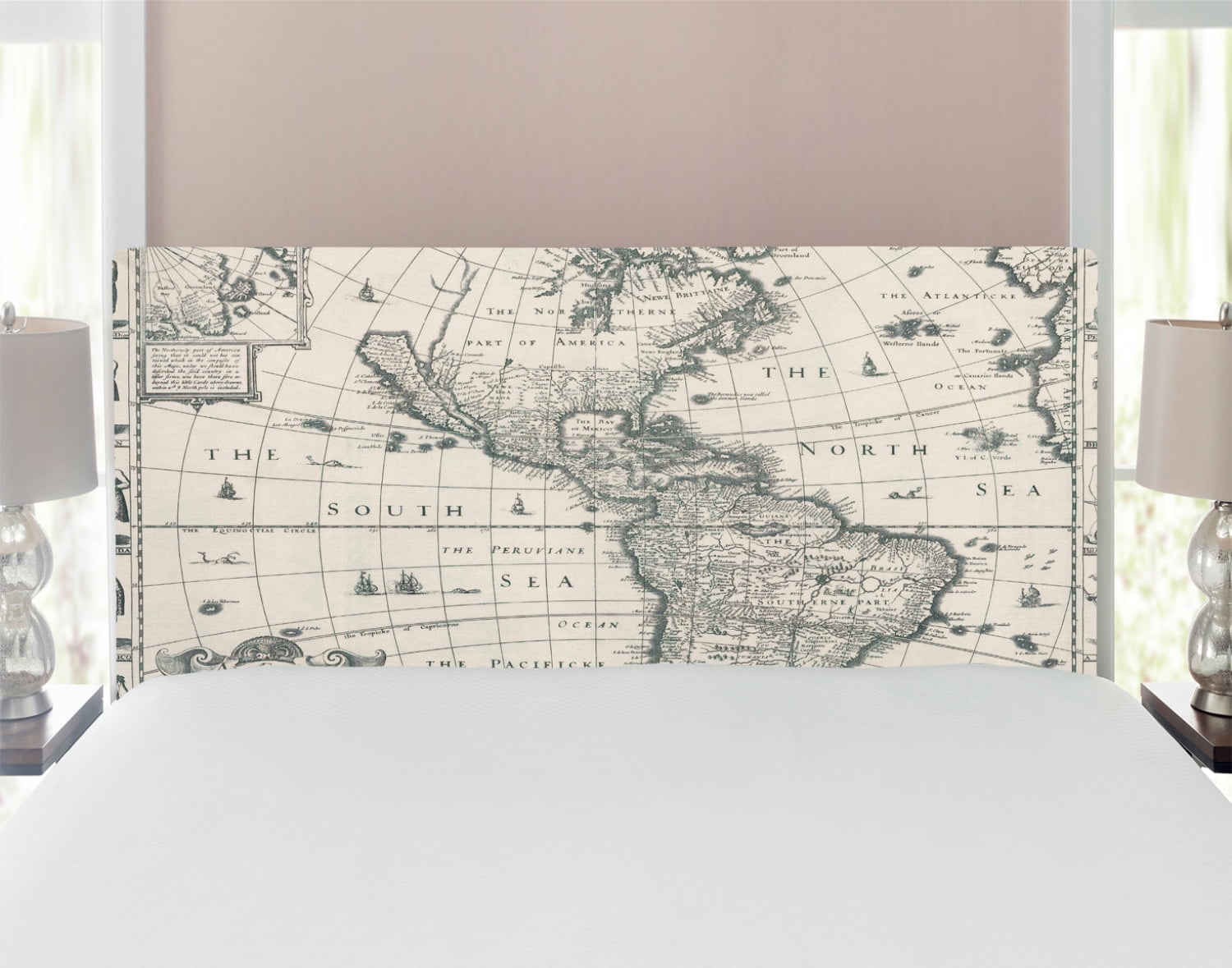 World Map Headboard, Antique Map America in 1600s World in Medieval ...
