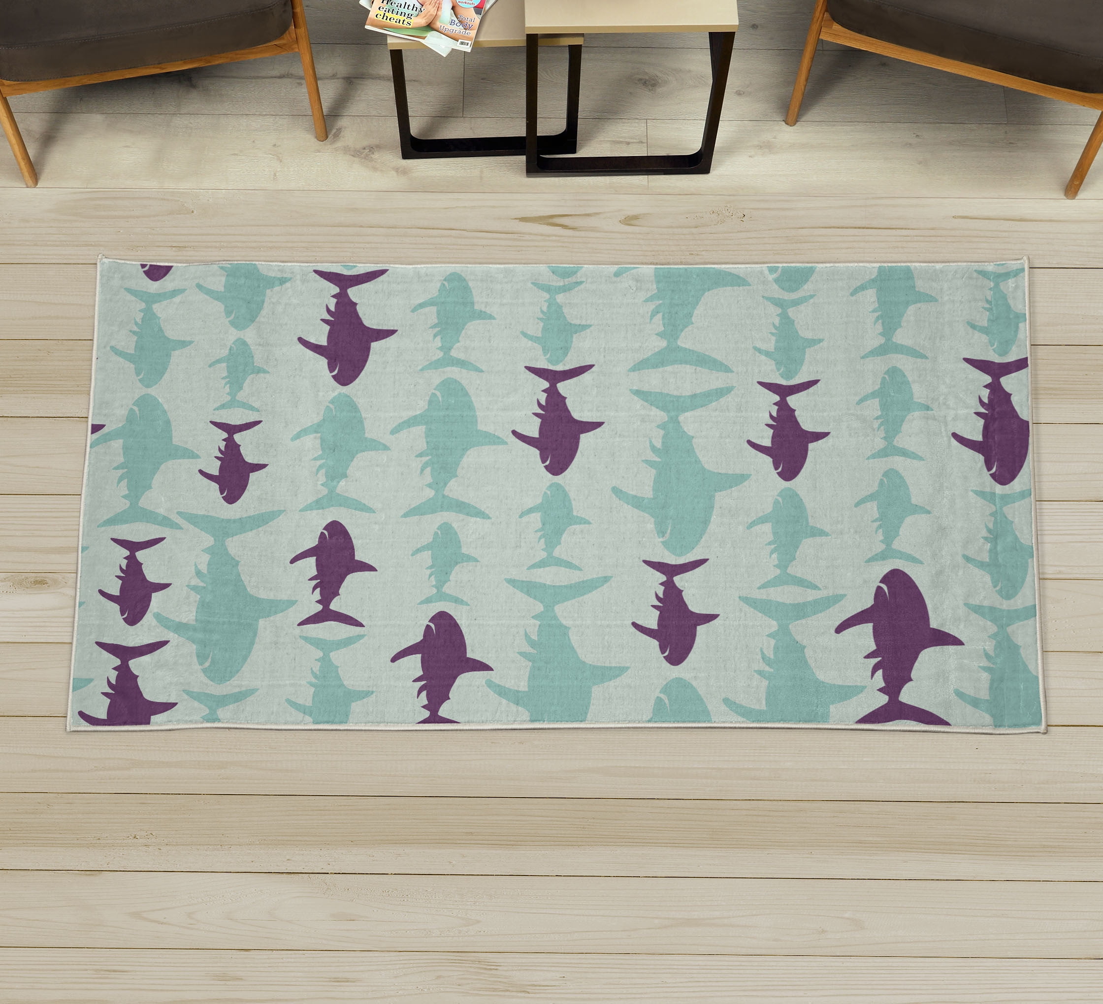 Sea Animals Decorative Rug, Monochrome Shark Illustration Fashion ...