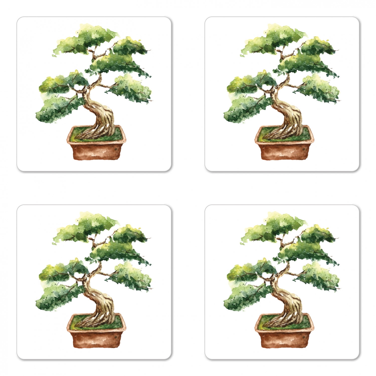 Garden Coaster Set of 4, Watercolor Style Bonsai Hand Drawn Japanese ...