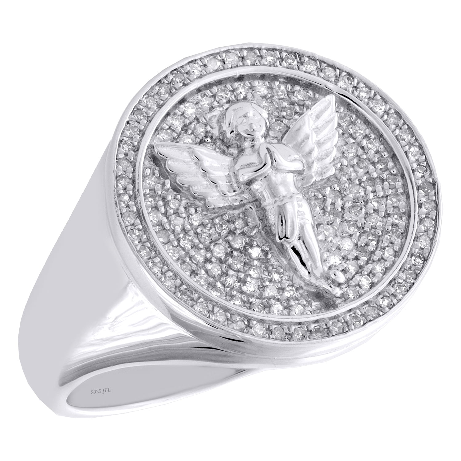 Diamond Pinky Ring Angel Wings Praying Medallion Circle Top Pave Band 1 ...