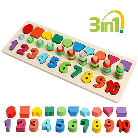 JCREN Montessori Wooden Math Educational Toys - Shape Color Number ...