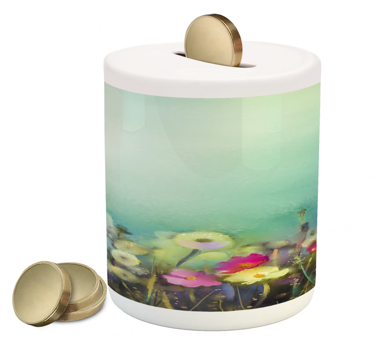 Flower Piggy Bank, Poppy Daisy Chamomile Patterns in Meadow Wilderness ...