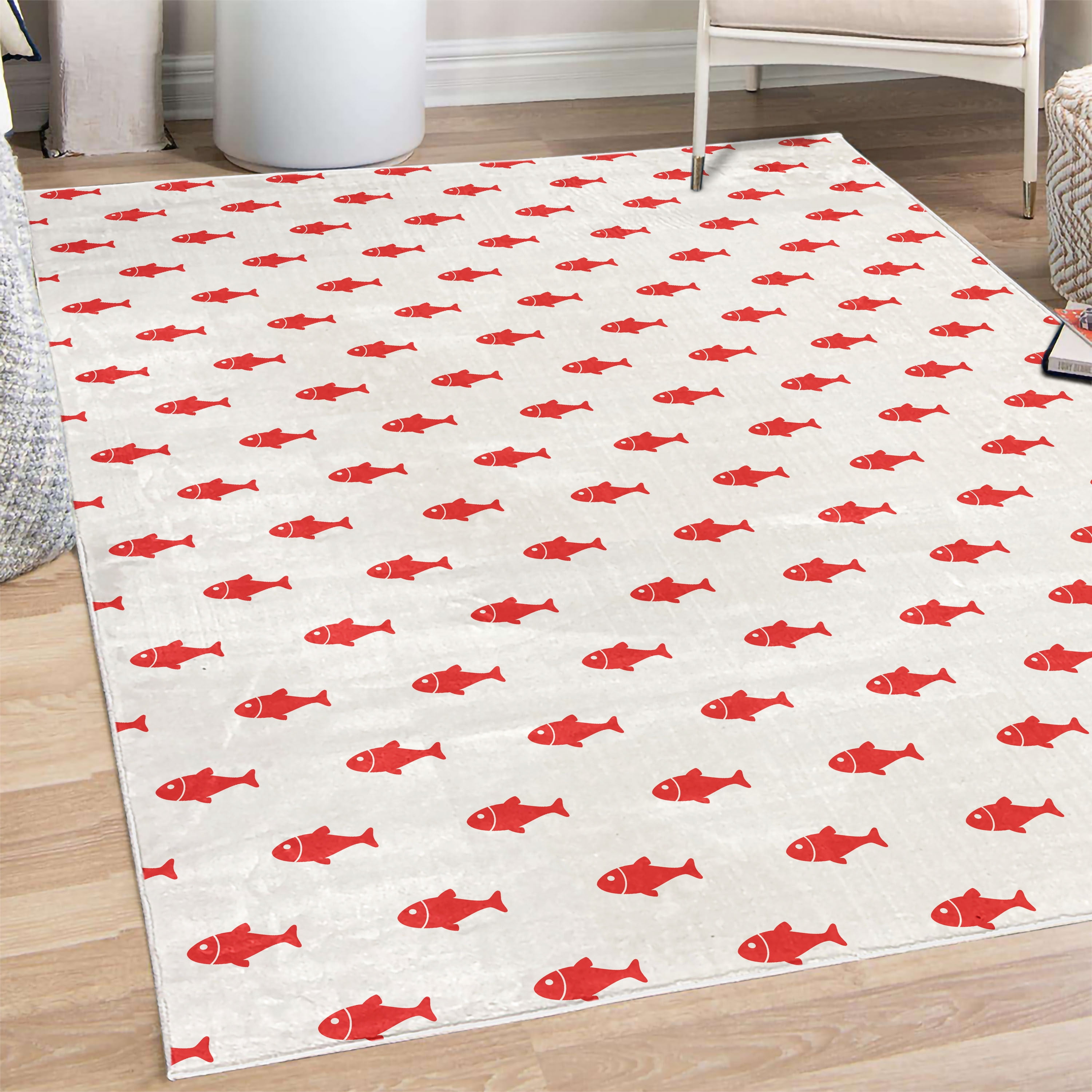 Ocean Decorative Rug, Hand Drawn Nautical Sketchy Sea Life Fish Whales ...