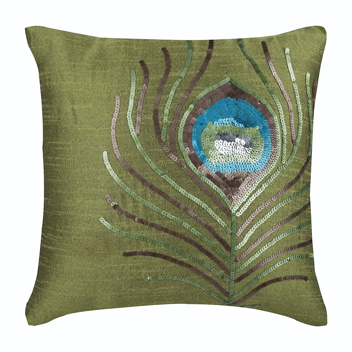 24x24 Pillow Cover Green, Handmade Green Shams, Peacock Feather Sequins ...