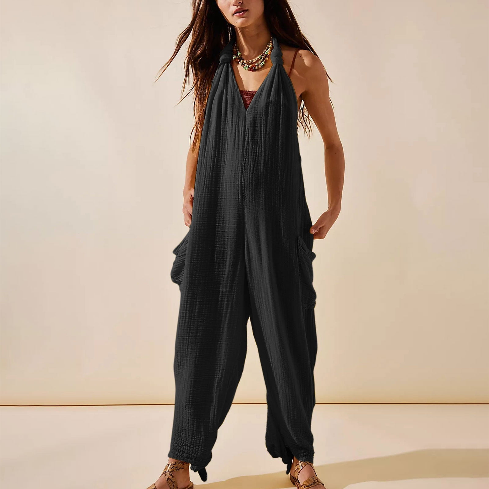 Click here for Fankiway Womens Casual Loose Pocket Strap Cotton A... prices