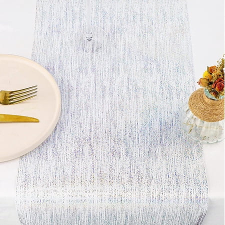 Xizioo Iridescent Silver Table Runner, Glitter Stripe White Fabric ...