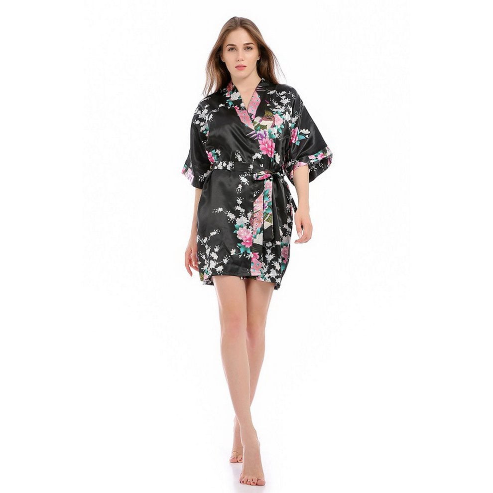 Unique Peacock Printed Silk Satin Sexy Women Night Robe Fashionable ...