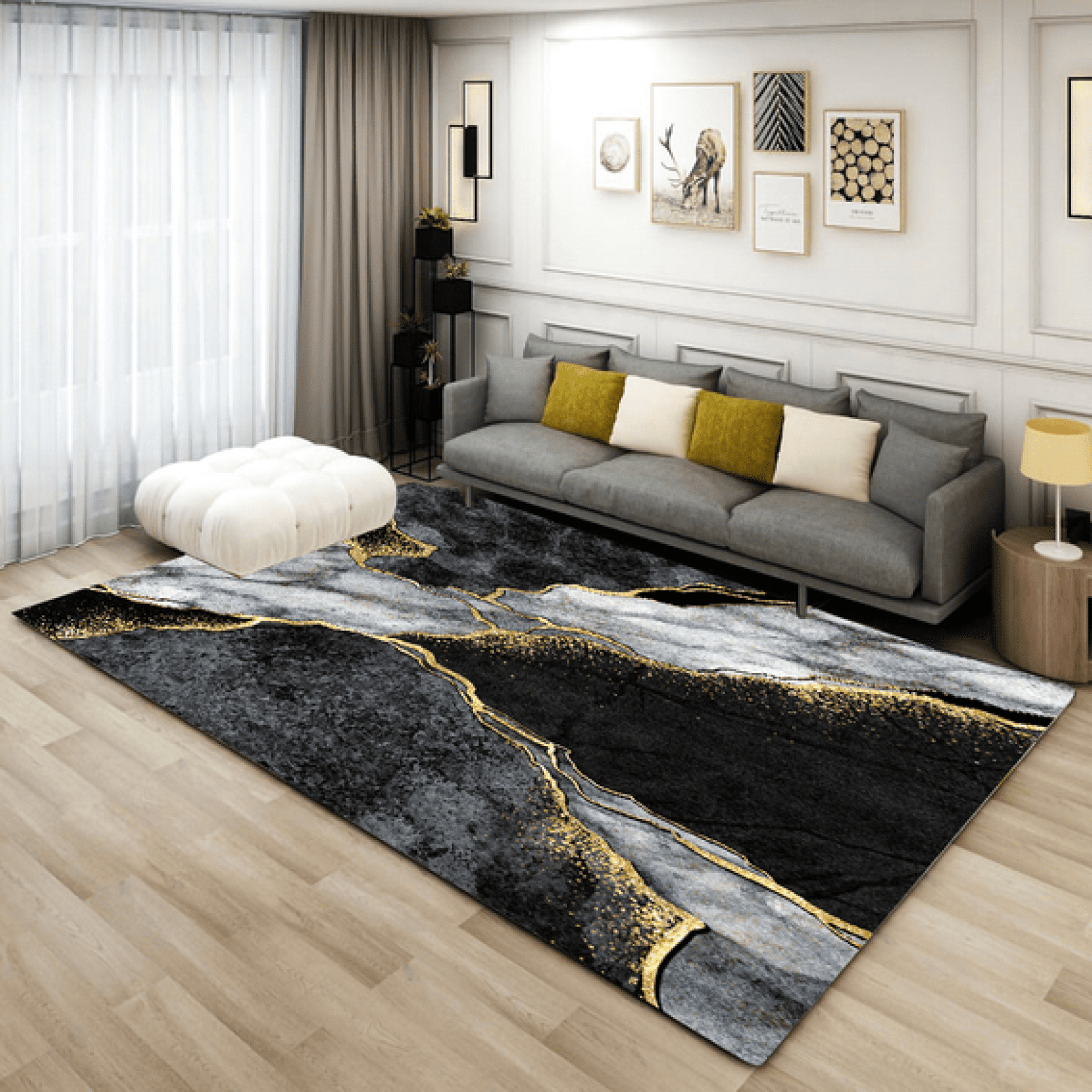 Vintage Modern Abstract Marble Area Rugs, Black Grey Gold Carpet For ...