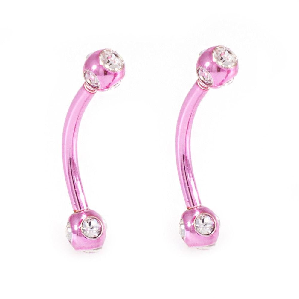 Pair of Curve Barbell Anodized 16G 10mm with Clear Cz, Eyebrow, Surface ...
