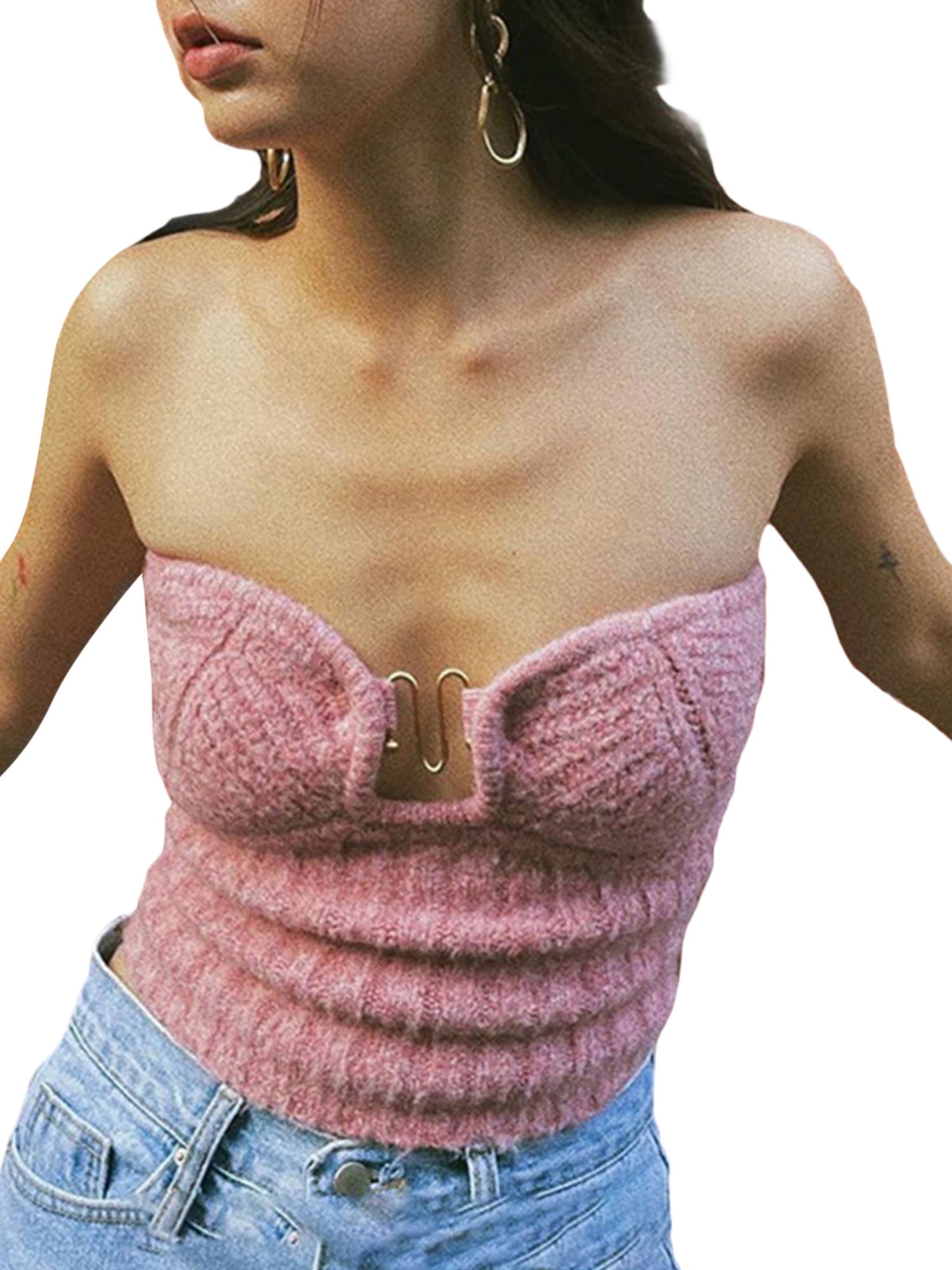 Yilvust Women Sexy Knitted Strapless Tube Top Twist Front Hollow Crop
