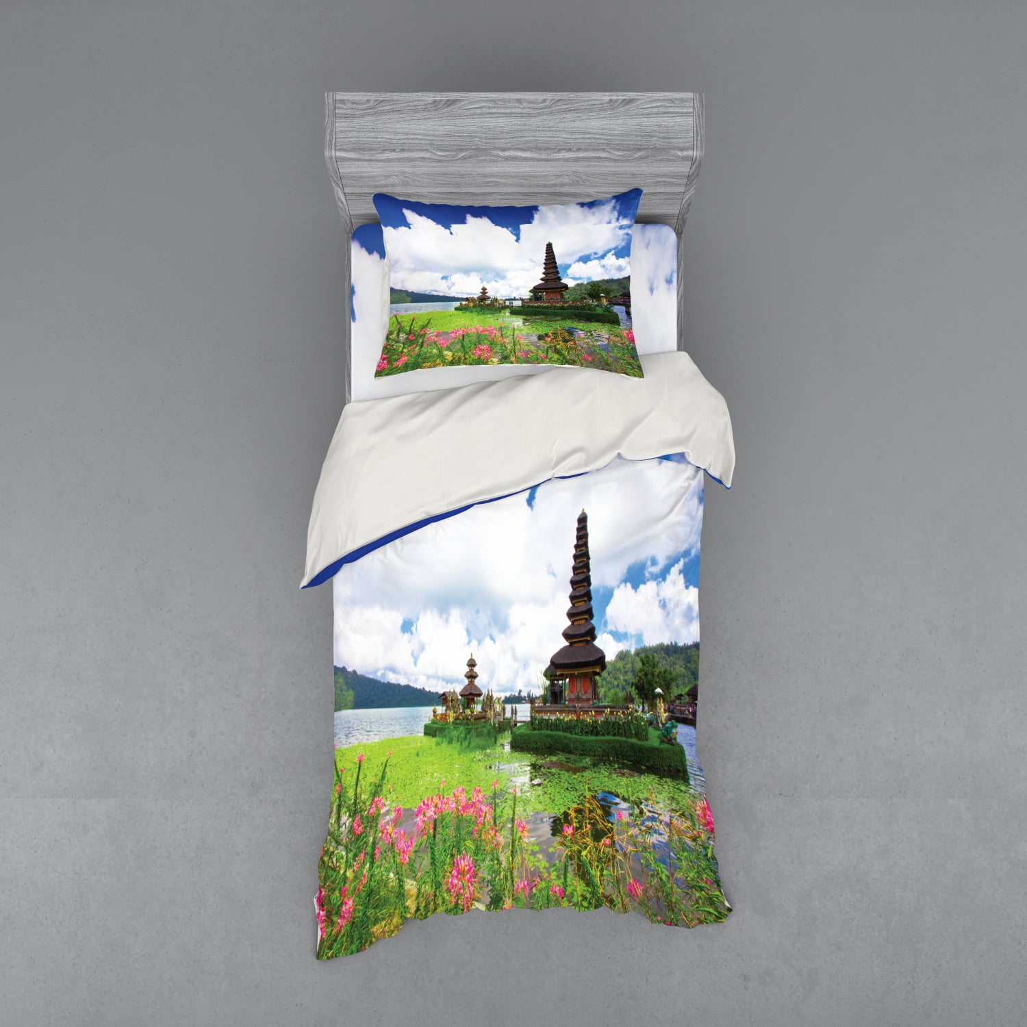 Balinese Duvet Cover Set, Pura Ulun Danu Building Bali Tropic Flowers ...