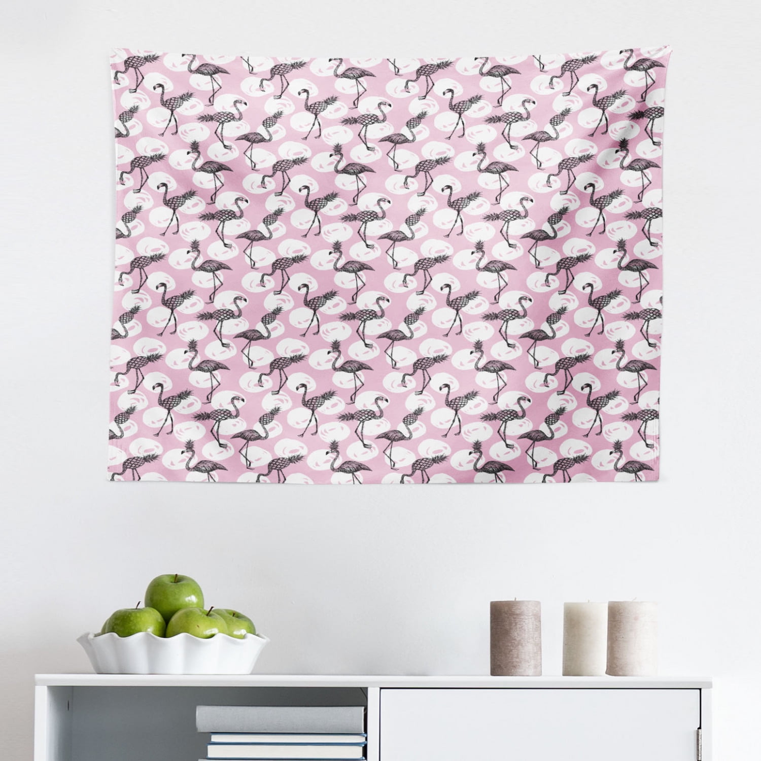 Flamingo Tapestry, Modern Hand Drawn Pineapple Summer Paradise Jungle ...