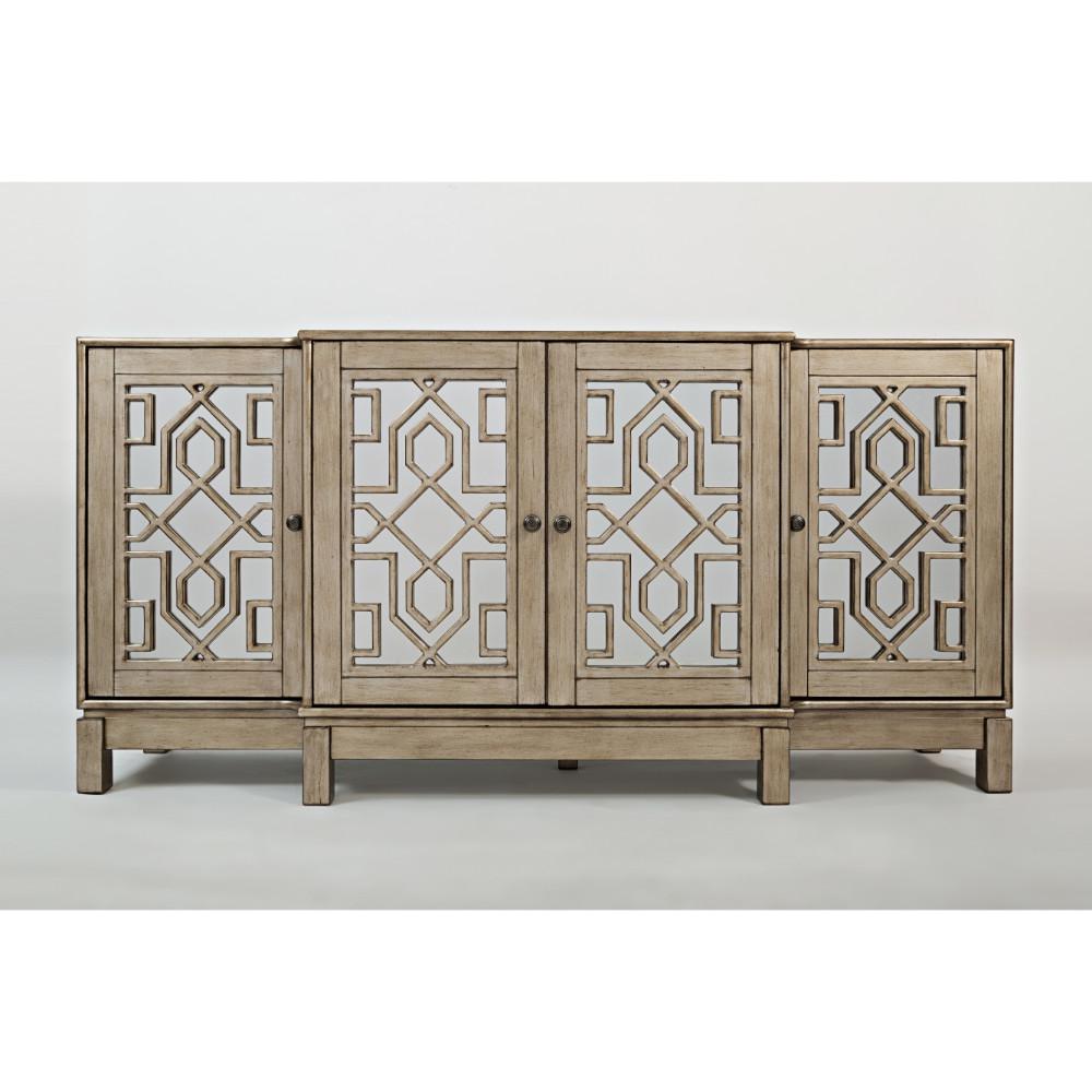 Glass Inlaid Wooden Accent Cabinet With 4 Intricated Doors, Vintage ...