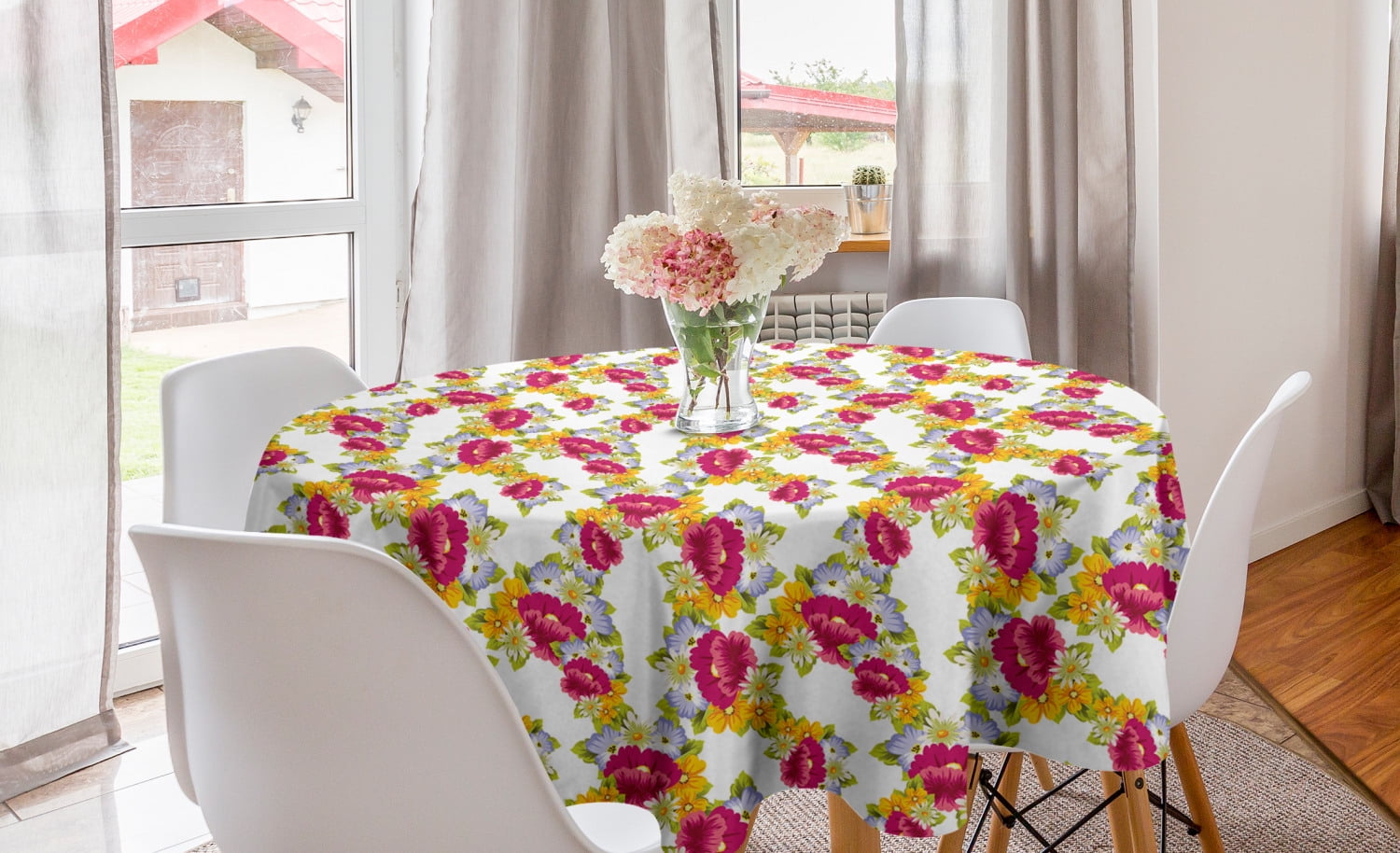 Spring Round Tablecloth, Lively Colored Springtime Garden with ...