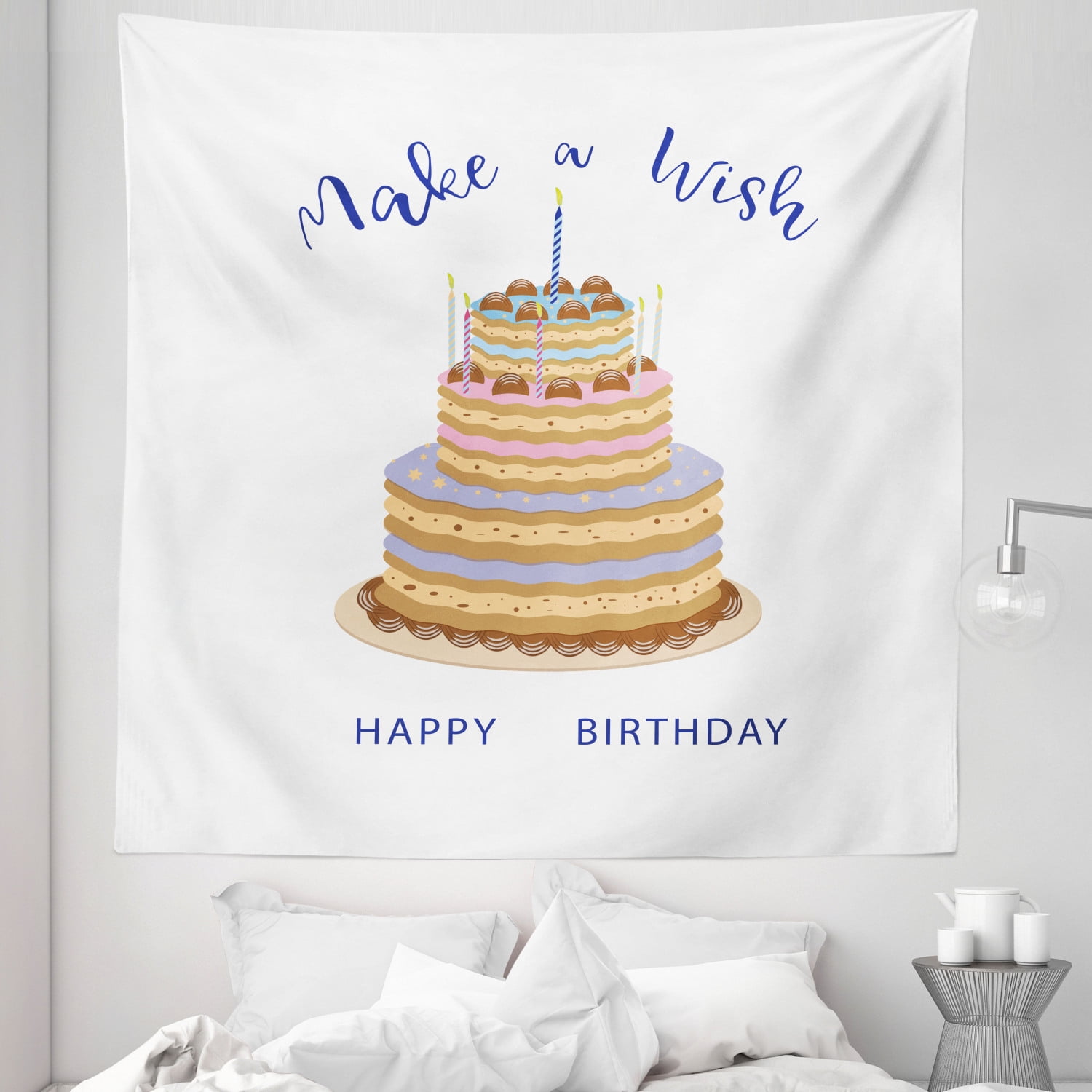 Happy Birthday Tapestry, Make a Wish Typography Hand Written Style Huge ...