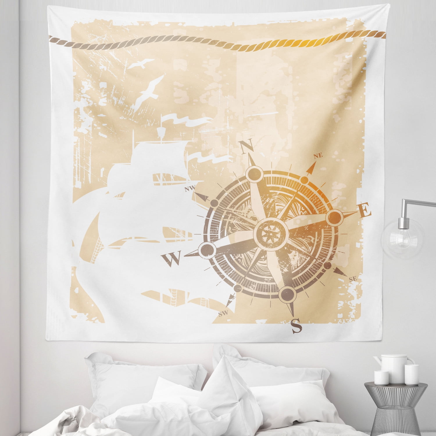 Compass Tapestry, Nautical Themed Compass Marine Life Inspired Windrose ...